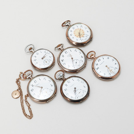A set of 6 pocket watches, including Svalan, Caesar, Havila and ...