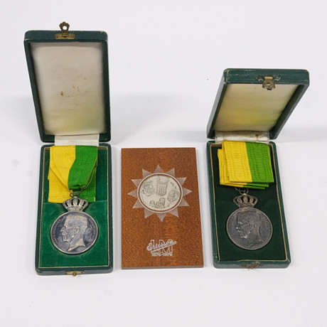 TWO MEDALS OF MERIT AND COMMEMORATIVE COINS, SILVER. Coins, Medals ...