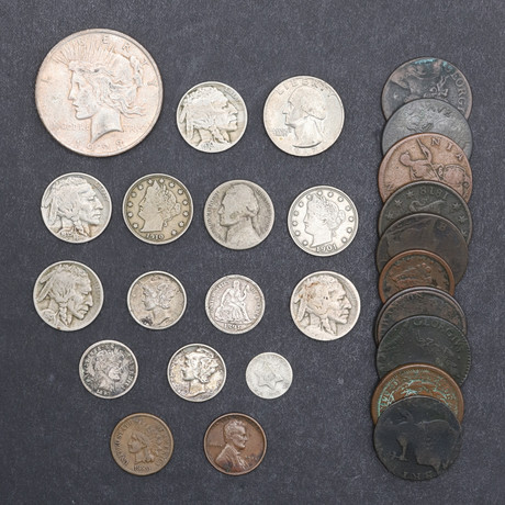 A COLLECTION OF AMERICAN COINS TO INCLUDE EVASION AND COUNTERFEIT HALF ...