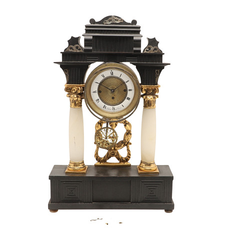 A 19TH CENTURY AUSTRIAN EBONISED AND ALABASTER PORTICO CLOCK. Clocks ...