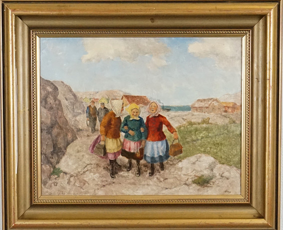 EMIL ÅBERG (1864 - 1940), olja på pannå, "Hemåt från skolan ...