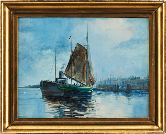 AXEL LINDMAN. Båtar i hamn. Konst - Måleri - Auctionet
