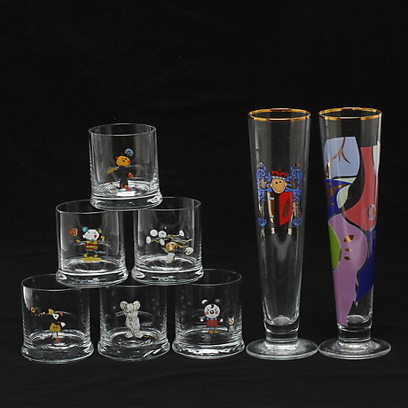 WISKY GLASS, 6 pcs, decor by Lasse Åberg and BEER GLASS, 2 pcs ...