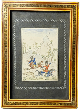 PERSIAN MINIATURE. HUNTING SCENE. THE MIDDLE OF THE 20TH CENTURY. MIXED ...