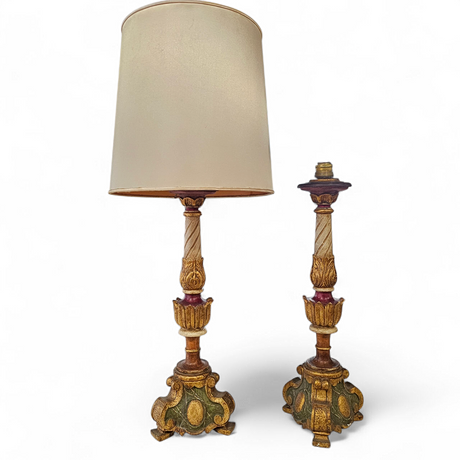 Pair of torchero-type table lamps in carved and polychrome wood ...