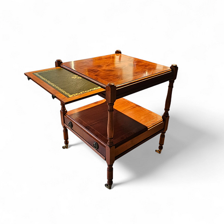 Two-level side table in contrasting woods. With green Russian leather ...