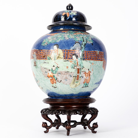 Lid vase/ginger pot depicting 'San Niang Jiao Zi, 'powder blue glaze ...