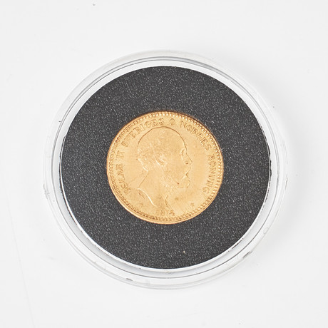 A 21.6k gold coin, SEK 10, Oscar II, King of Sweden and Norway, 1874 ...