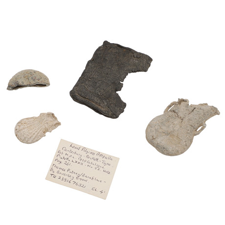 A MEDIEVAL PILGRIMS AMPULLA, CANTEBURY-BECKET TYPE AND OTHERS. Silver ...