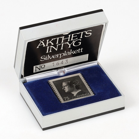 Stamp plaque, sterling silver, Carl XVI Gustaf, engraver Czeslaw Slania ...