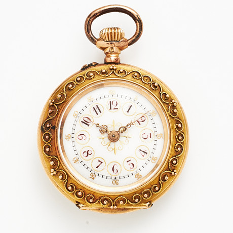 POCKET WATCH, 18k gold, applied decoration of granules, 3 rose cut red ...