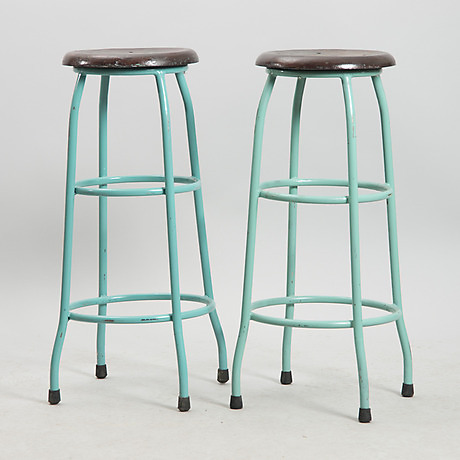 BAR Stools, 1 pair, green painted metal with wooden seat, industrial ...
