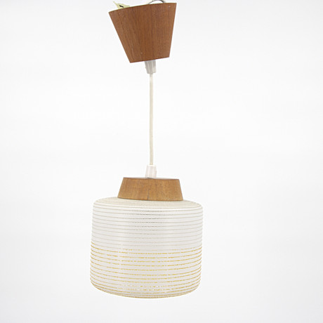 A ceiling lamp, cup of opaque glass, gold-coloured relief decor, teak ...