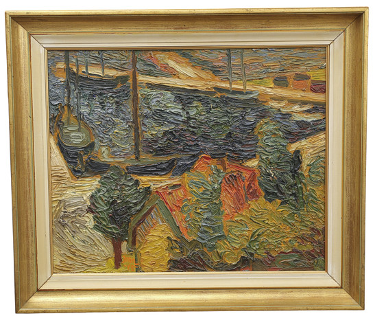 GUNNAR JONN. Impasto painting on panel, depicting view of harbour with ...