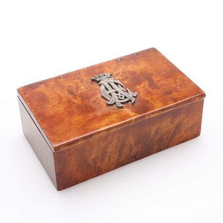 TOBACCO BOX, flamed birch with silver monogram, A.E under a countorial ...