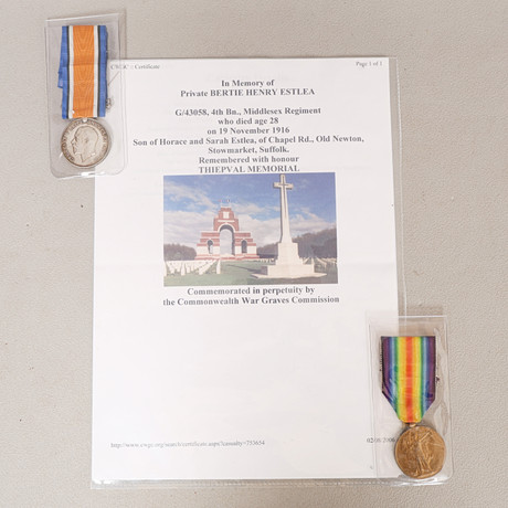 BRITISH WAR MEDAL & VICTORY MEDAL TO G43058 PTE BERTIE HENRY ESTLEA ...