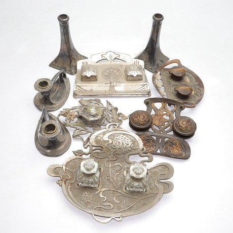 A 9-piece Art Nouveau metal writing stand & candlesticks, 20th century ...