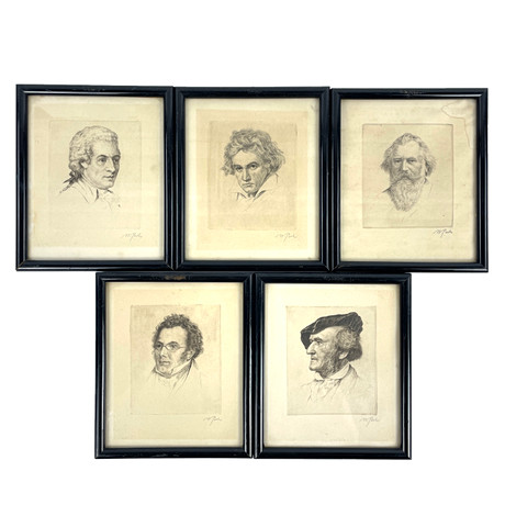 WALDEMAR PECH (b. 1911), etchings, 5 pieces, portraits of composers ...