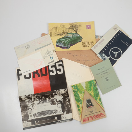 CAR BROCHURES AND DRIVER'S LICENSE PROCESSING, incl. a. SAAB-92, 1955 ...