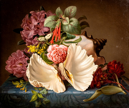 FRIEDERIKE MEINERT (1817-1875). Stilleben med blommor och snäckor ...
