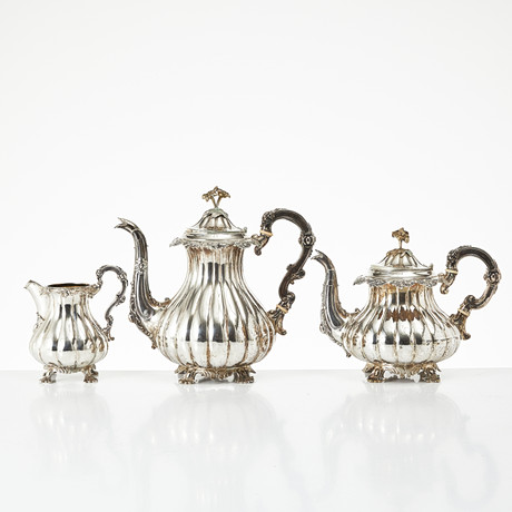 COFFEE SERVING SET, 2 jugs and 1 cream jug, silver, Johan Gustaf ...
