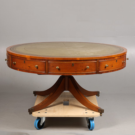 A BEVAN FUNNELL YEW WOOD AND LEATHER TOPPED DRUM TABLE. Furniture ...