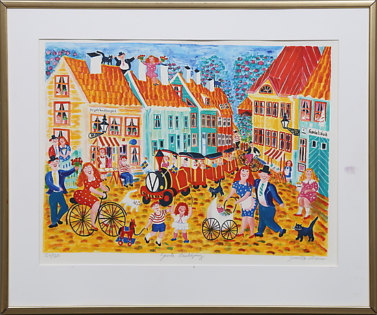 GUNILLA MANN. "Old Linköping". Color lithograph, signed and numbered ...