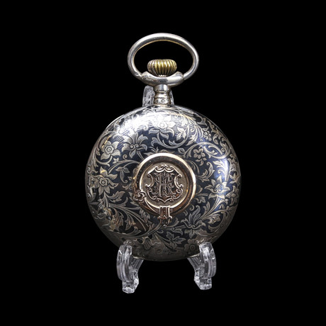 Pocket watch, savonett, niello inlaid case, inlaid gold plate in the ...