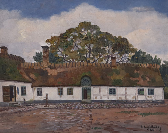 KARL LUNDBORG. olja på duk, korsvirkesgård. Konst - Måleri - Auctionet
