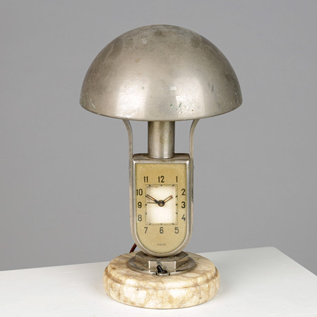 Table lamp with aluminium clock with marble base, Mofém, Hungary, circa ...