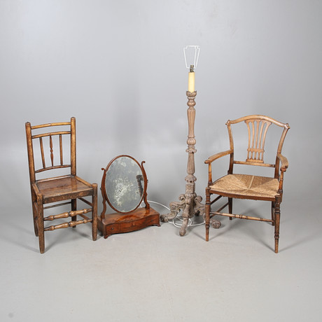 A CARVED WOODEN STANDARD LAMP, TWO CHAIRS AND A TOILET MIRROR. Lighting ...