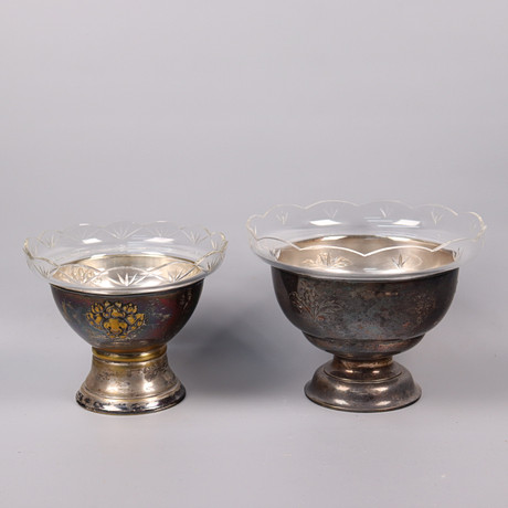 BOWLS ON FOOT, nickel silver with glass insert, first half of the 20th ...