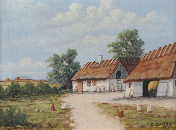 ERIK DENBY. Farm with chickens, oil on canvas, signed E. Denby. Art ...