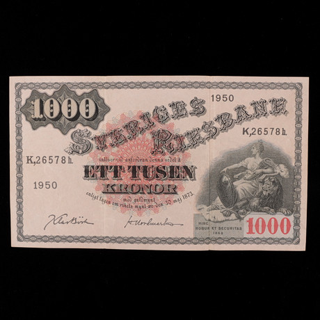SEDEL, 1000 kr, Sverige, 1950. Mynt, Medaljer & Frimärken - Mynt ...