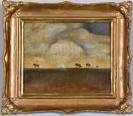 OIDENTIFIERAD KONSTNÄR. oil on panel. wildebeest on the savannah. Art ...