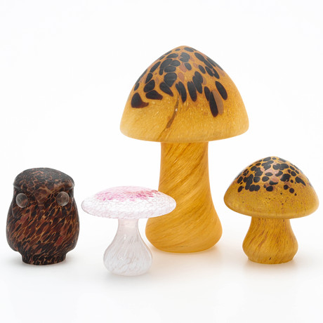 MONICA BACKSTRÖM. Sculptures, 4 parts, mushrooms and owl, Boda. Glass ...