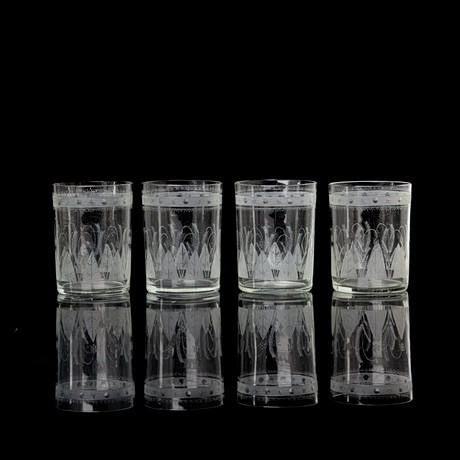 GLASS. 4 pieces, 1800's, cut decor of drooping flowers, frosted border ...