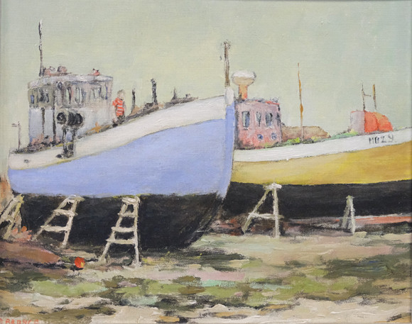 PIERO BRANCA. TWO BOATS ON LAND, OIL ON BOARD. Art - Paintings - Auctionet