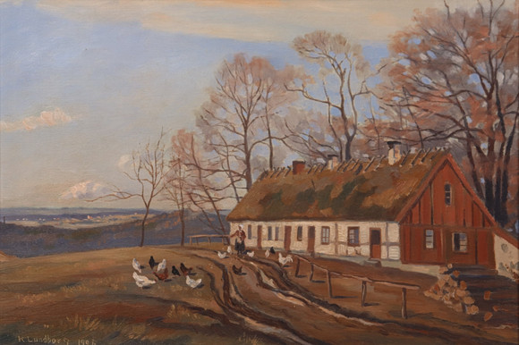 KARL LUNDBORG. olja på duk, korsvirkeshus med utsikt. Konst - Måleri ...