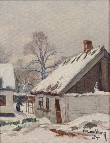 KARL LUNDBORG. oil on panel, elderly woman at buildings. Art ...