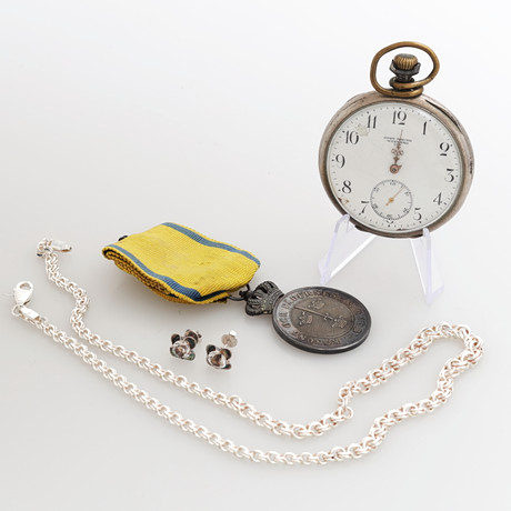 SILVER OBJECTS, pocket watch, medal, link, earrings, total weight 115 ...