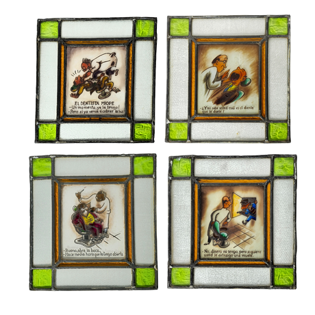 FOUR POLYCHROME AND LEADED STAINED GLASS PANELS DEPICTING COMIC SCENES ...
