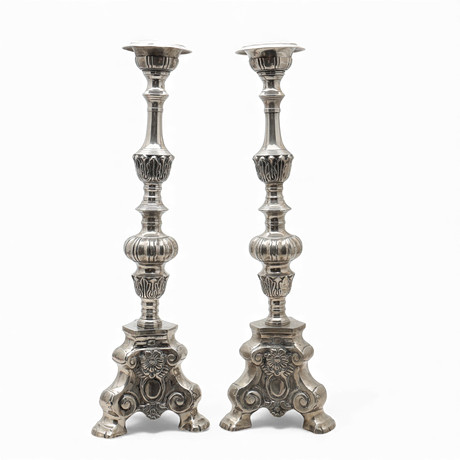 Pair of Baroque style altar candelabra in silvery metal, 20th Century ...