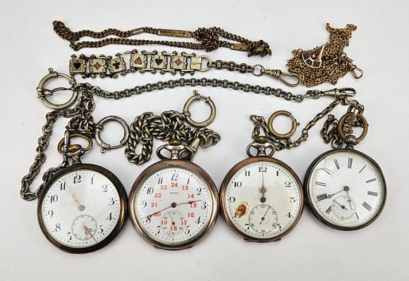 POCKET WATCH, 4 pcs, silver, WATCH CHAINS, 7 pcs, metal. Clocks ...