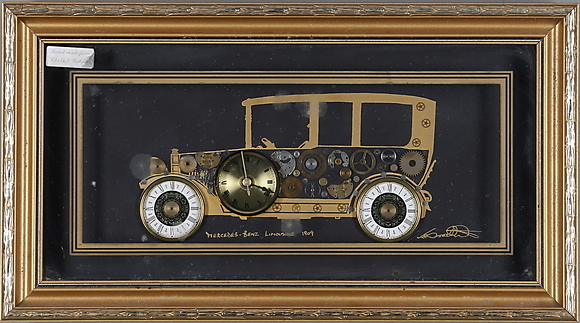 KEN BROADBENT. 'Mercedes-Benz limousine 1909', collage, signed. Clocks ...