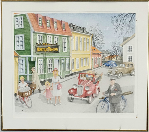 BERT-HÅGE HÄVERÖ. Lithograph in colours, Street picture with Norrtelje ...