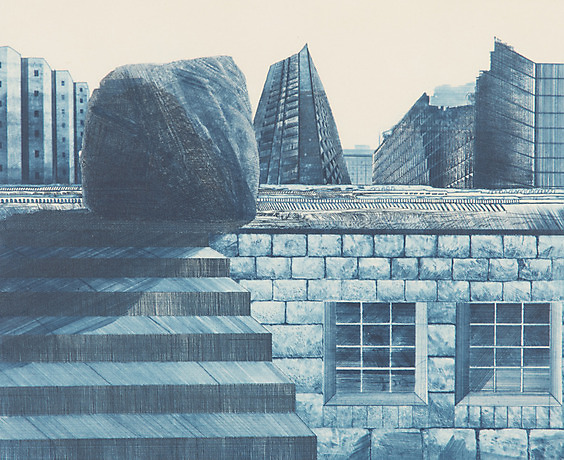 THOMAS FRISK. "Moving block", color lithograph, indistinctly signed ...