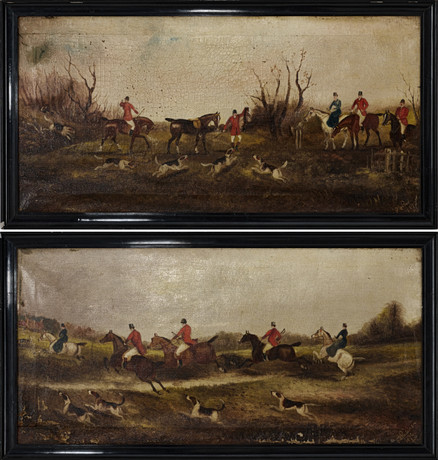 HUNTING SCENES, 1 pair, English fox hunting 19th century, indistinctly ...