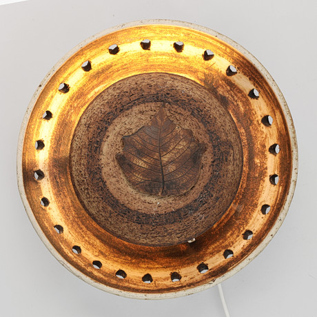 WALL LAMP made of chamotte stoneware with leaf relief, signed “Ejvind ...