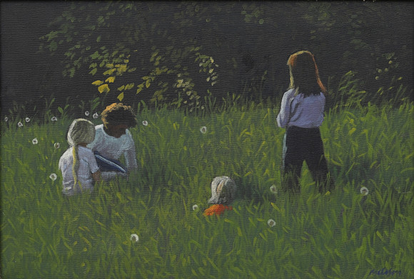 OIDENTIFIERAD KONSTNÄR, barn på sommaräng, olja på duk, otydligt ...